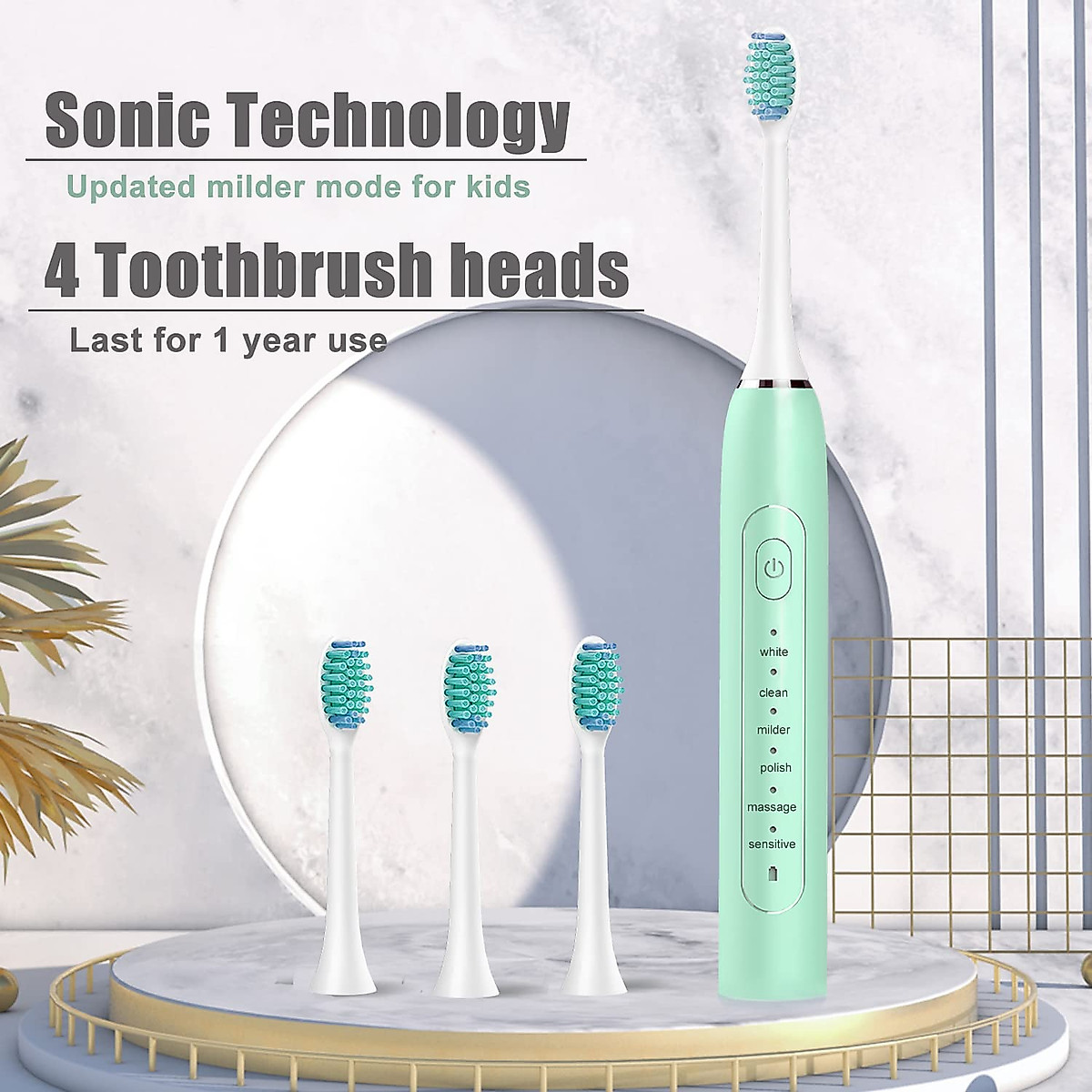 Sonic Electric Toothbrush for Kids and Sensitive Teeth Adult, Gentle Brushing Electric Toothbrush with 4 Medium Brush Heads, 6 Modes with 2 Minutes Smart Timer, Rechargeable Kids Electric Toothbrushes