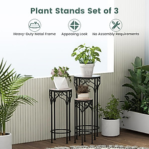 Giantex Metal Plant Stand Set of 3, 28" Mosaic Tall Flower Stand with Ceramic Top, Round Tile Nesting Display Side Table, Indoor Outdoor Flower Holder for Wedding Party Patio Living Room