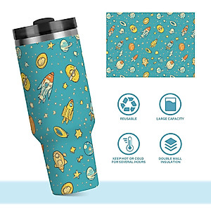 Selerdon 40 oz Tumbler Cartoon Space Blue with Handle and Straw Lid Vacuum Stainless Steel Insulated Water Bottle Travel Mug Car Cup Holder Friendly BPA Free for Gym Travel Office