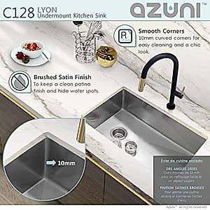 AZUNI 28 inch x 18 inch Single Bowl Undermount 16 Gauge Reversible Deep Stainless Steel Kitchen Sink with Bottom Grid and Luxury Basket Strainer, C128