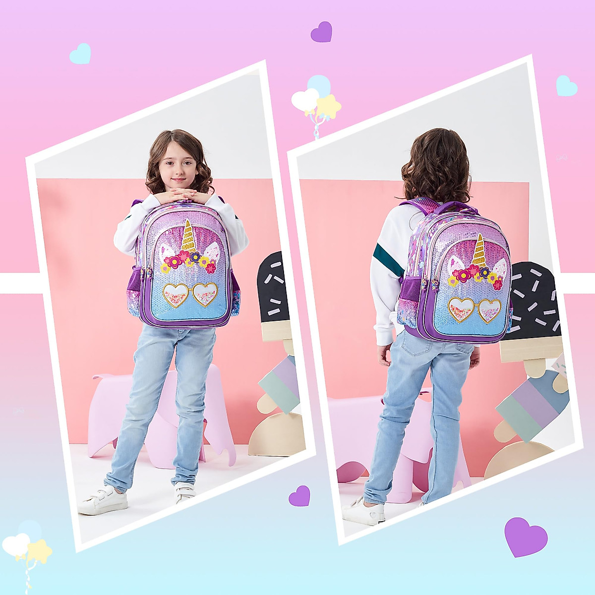 Unicorn Backpack for Girls 16" Backpacks for Girls for School Sequin Backpack with Lunch Box for Elementary Girls Students