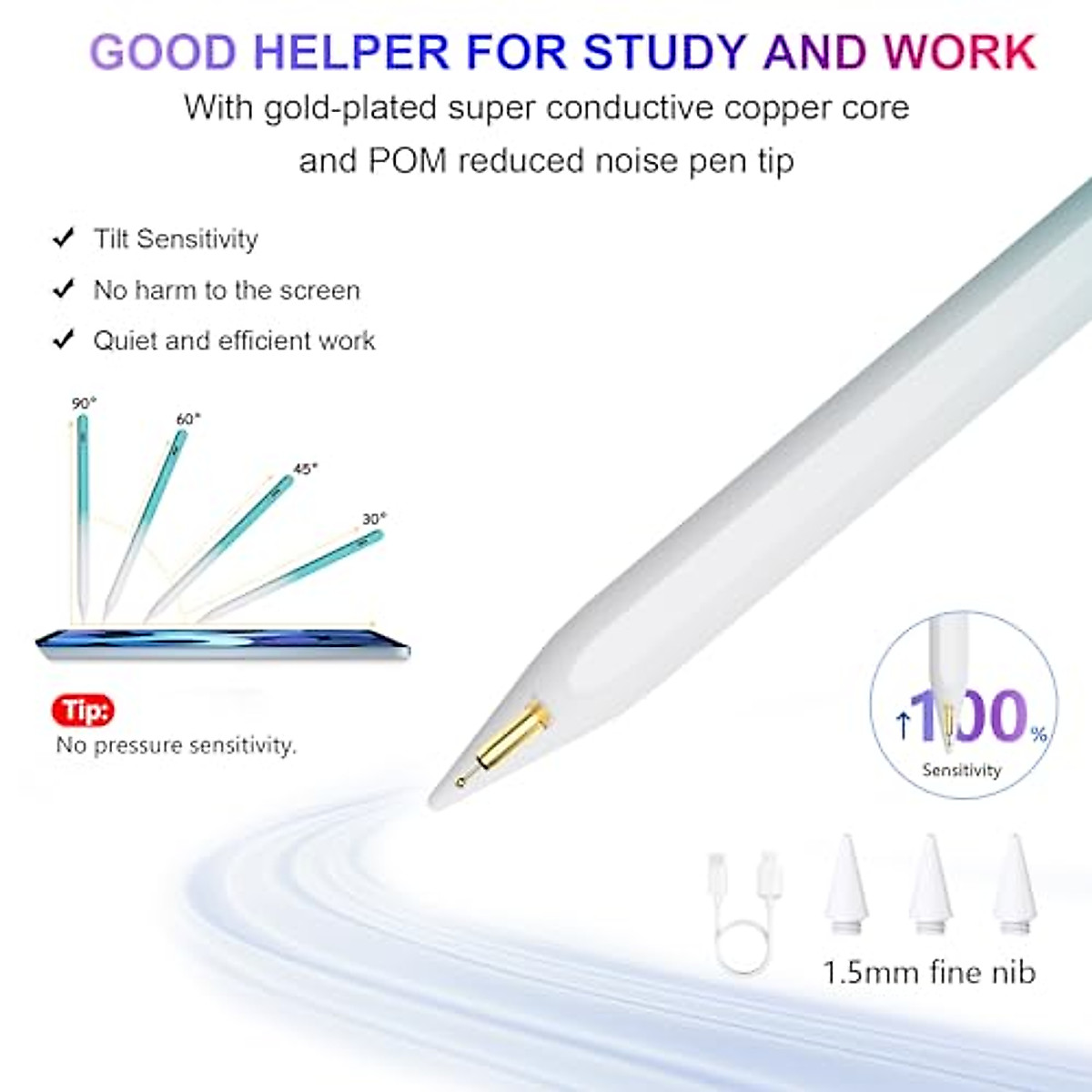 Pencil 1st Generation for iPad (USB-C 10 Min Quick Charge), Professional Student Pencil for iPad with Palm Rejection & Tlit, Stylus Pen for iPad 6-10, Air 3-5, Mini 5-6, Pro 12.9" 3-6, 11" 1-4