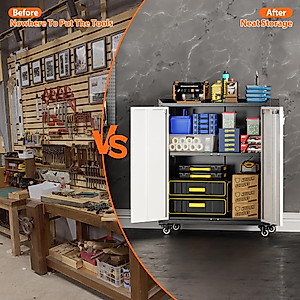 Aobabo 31.5" H Metal Storage Cabinet with Wheels, Locking Steel Rolling Tools Chest with Handle, Garage Tool Storage Cabinet with 1 Shelves 2 Side Pegboards and 4 Hooks,Assembly Required, Black Grey