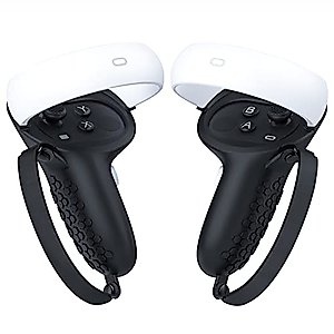 Xiufavty VR Controller Grips Cover & Cap Thumb Grip for Meta Oculus Quest 2, VR Accessories Set Lens Protector & Silicone Grip Protective Cover with Adjustable Leather Knuckle Straps (Black)
