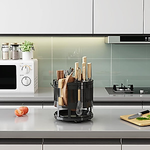 Knife Holder for Kitchen Counter, Rotating Universal Knife Block Without Knives 3 in 1 Multi-function Knife Block Set Flatware Utensil Drying Rack Cutting Board Organizer with Drain Tray and hooks