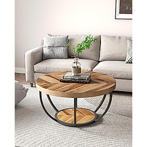LITTLE TREE Round Coffee Table, 32" Circle Coffee Table for Living Room, 2-Tier Wood Accent Center Table with Open Storage Industrial Design Home Furniture (Wood Grain and Black)
