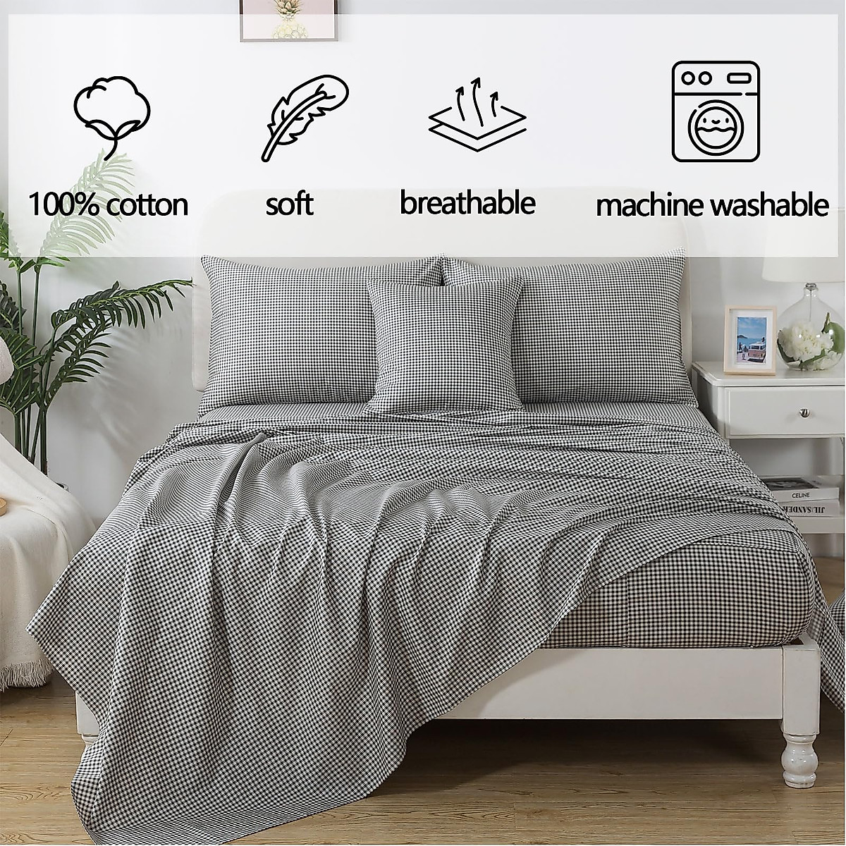 FADFAY Black Plaid Queen Size Sheets 100% Cotton Geometric Checker Bedding Teens Grid White Gingham Pattern College Bedding Deep Pocket Sheets with 2 Pillowcases Ultra Soft 4pcs, Queen Size