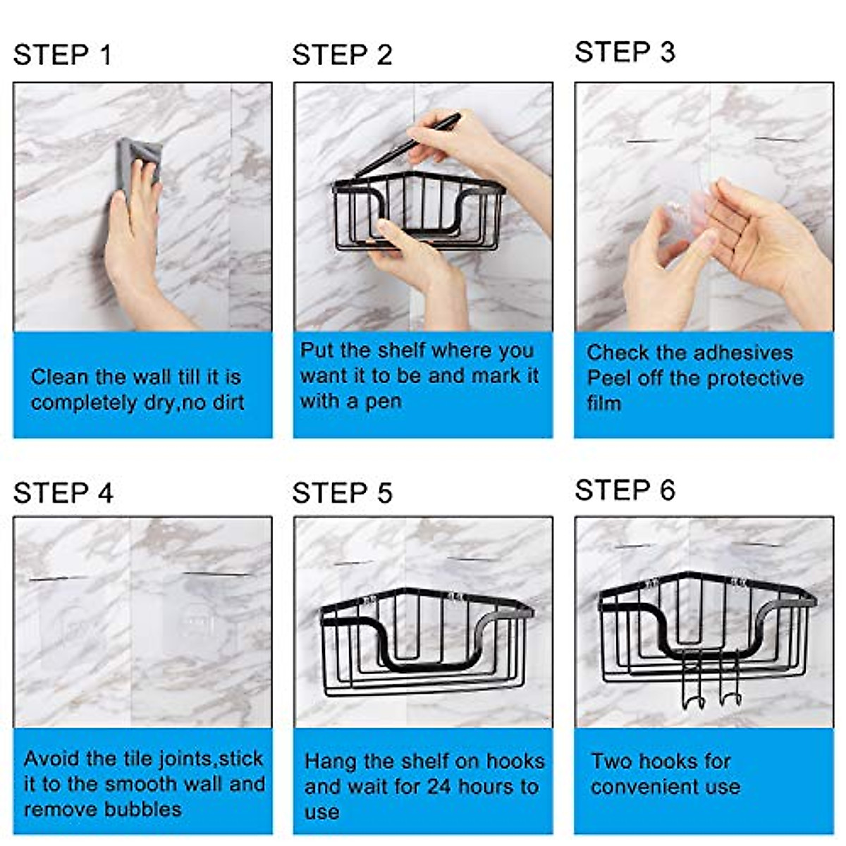 3-Pack Adhesive Corner Shower Shelf, Black Shower Caddy, Wall Mounted Rust Resistant Metal Bathroom Shelf, No Drilling Metal Storage Organizer Racks with Removable Hooks for Kitchen, Toilet and Dorm.