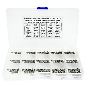 Guard4U 750Pcs 15-Size Metric M1 M1.2 M1.4 M1.6 M1.7 Stainless Steel Phillips Pan Head Small Machine Screws Assortment Kit