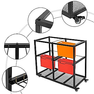 2 Tiers 4 Compartments Rolling File Carts with Wheels, Heavy Duty Rolling Pull-Out File Folder Rack Drawer File Cabinet for Home Office, Hanging Files for Letter Size