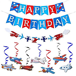 C L cooper life Airplane Party Decoraton Favor Supplies,Silver Glitter Airplane Birthday Banner,30Ct Airplanes Hanging Swirl for Airplane Aviator Themed Party Up and Away Felt Birthday Party