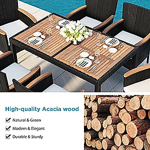 7 Pieces Outdoor Dining Set, Wicker Patio Dining Set for 6, All-Wheather Outdoor Table and Chairs with Acacia Wood Table Top and Cushions for Backyard, Garden, Poolside (Black)