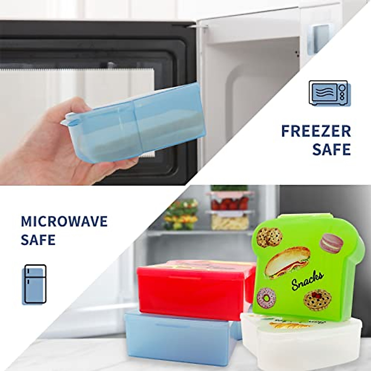 4Pcs Sandwich Containers for Lunch Boxes, Plastic Food Storage Sandwich Containers, 20 oz Toast Shape Sandwich Box, Reusable Sandwich Box for Meal Lunch Prep, BPA Free, Microwave & Dishwasher Safe