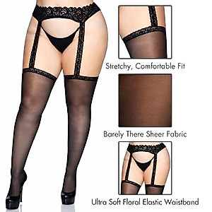 Leg Avenue womens Sheer Stockings With Attached Garter Belt Hosiery, Black Lace, Queen US