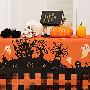 MikiUp Halloween Tablecloth, Castle Ghost Decorative Rectangle Table Cloth, Holiday Fabric Table Cover for Party Picnic Dinner Decor, Orange 60 x 84 Inch
