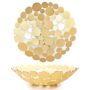 HYOATREA Metal Fruit Basket Bowl for Kitchen Countertop Modern Home Decor Large Round Fruit Storage Stand (Gold)