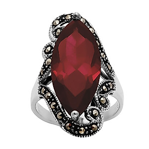 Silverly Women's 925 Sterling Silver Simulated Marcasite Red Cubic Zirconia Oval Cut Swirl Ring