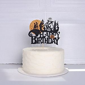 1 PCS Halloween Happy Birthday Cake Topper Glitter Jack and Sally Pumpkin Bat Castle Ghost Halloween Cake Pick for Halloween Theme Baby Shower Kids Birthday Party Cake Decorations Supplies