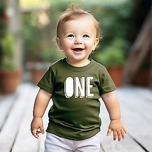 First Birthday Shirt One Outline for 1st Bday Infant Boys and Girls White on Military Green 12 Months