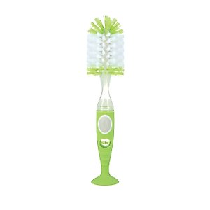 Nuby Easy Clean Dispensing Soft and Durable Bristle Bottle Brush with Textured Handles and Suction Base, 2 in 1 System, Green