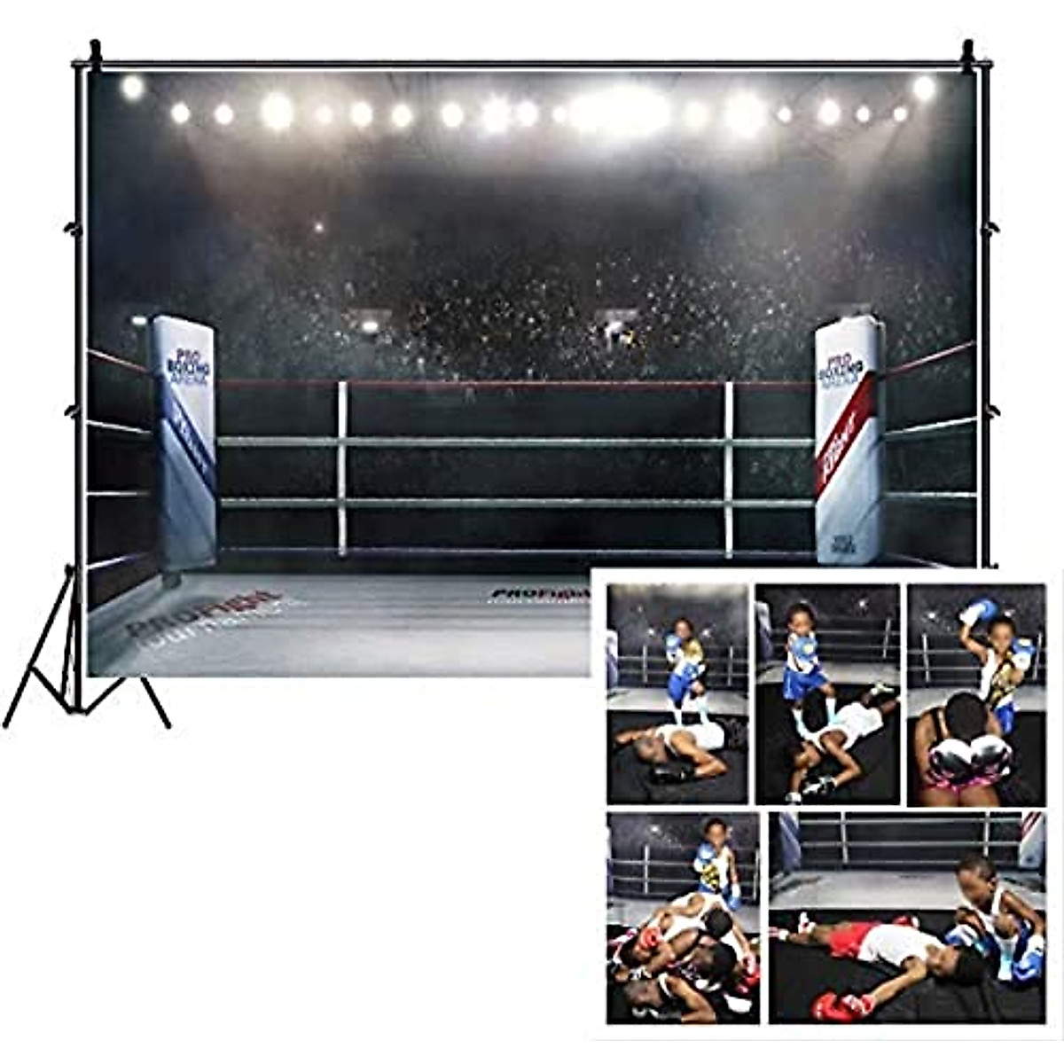 LFEEY 7x5ft Lighting 3D Boxing Arena Photo Backdrop Sports Competition Stadium Cheer Audience Professional Boxing Match Ring Photography Background Boys Men Sportsman Photo Studio Props