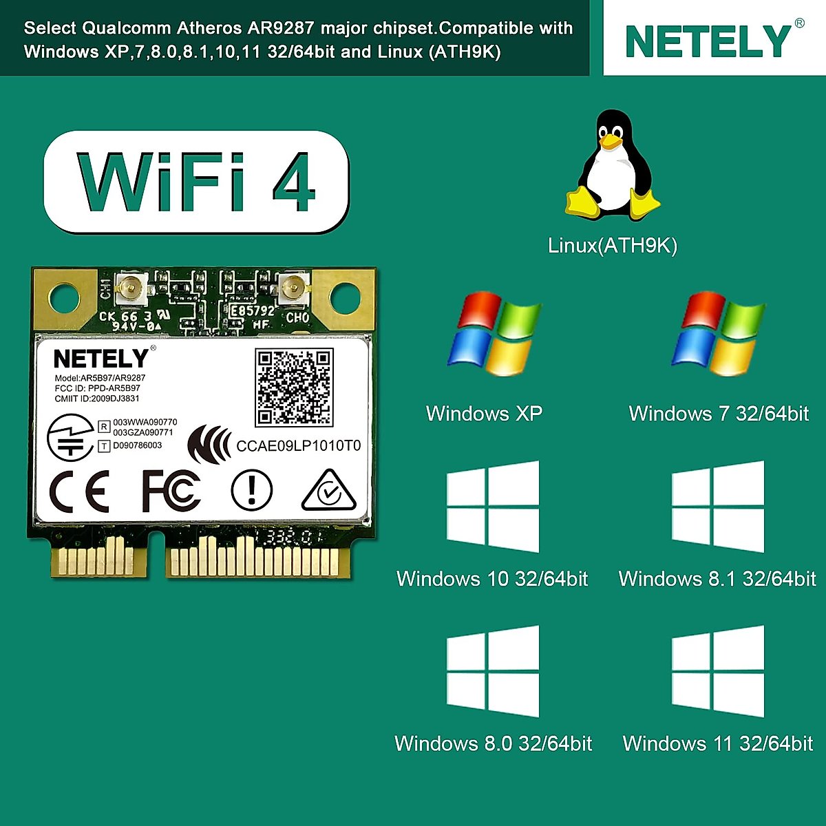 NETELY IEEE 802.11N Mini-PCIE Interface 300Mbps WiFi Adapter for Laptop PCs and Desktop PCs, Mini-PCIE WiFi Card, Qualcomm Atheros AR9287 Wireless Network Adapter (AR9287)