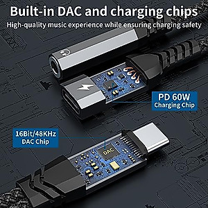 USB C to 3.5mm Headphone and Charger Adapter, 2-in-1 Type C to Aux Jack Cable with PD 60W Fast Charging for iPhone 15 Plus 15 Pro Max, Samsung Galaxy S20 S21 S22 S23, Note 20 10, iPad Pro Air4, Pixel