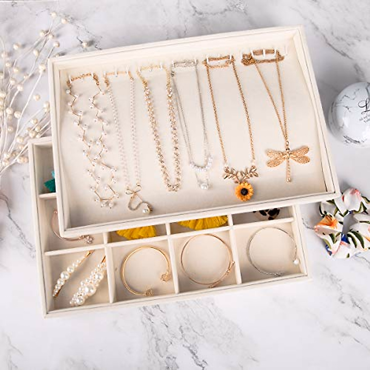 Mebbay Large Stackable Velvet Jewelry Trays Organizer, Jewelry Storage Display Trays for Drawer, Earring Necklace Bracelet Ring Organizer, Set of 4 (Warm White), 13.8" x 9.5" x 1.18"