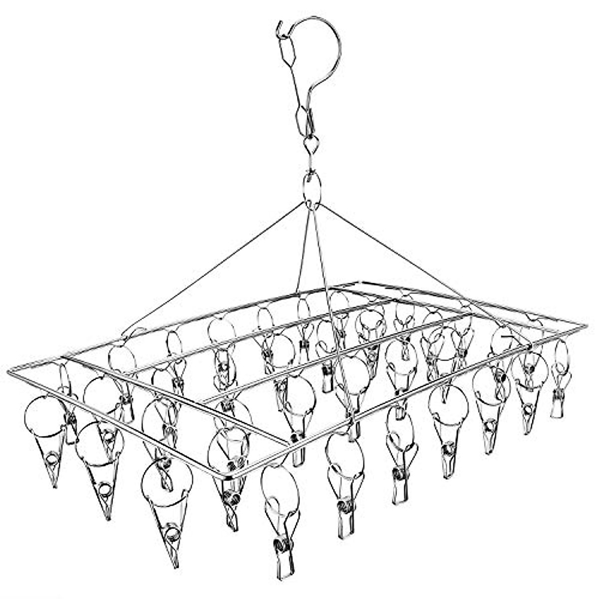 Stainless Steel Sock Drying Rack with 36 Clips, Swivel Hook Wind-Proof Clothes Hanger Rack for Sock, Bras, Underwear, Laundry Accessories