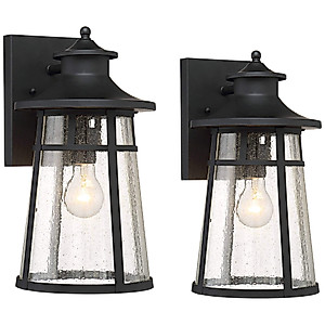 John Timberland Clement Mission Outdoor Wall Light Fixtures Set of 2 Cast Iron Black Metal 15" Clear Seedy Glass for Exterior House Porch Patio Outside Deck Garage Yard Front Door Garden Home