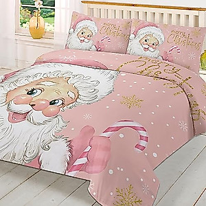 LBHAUSE 3 Piece Bedding Set Comforter/Quilt Cover Set Twin Size, Merry Christmas Duvet Cover Set with 2 Pillow Shams for Teens/Adults/Toddler Santa Claus Candy Snowflake Pink