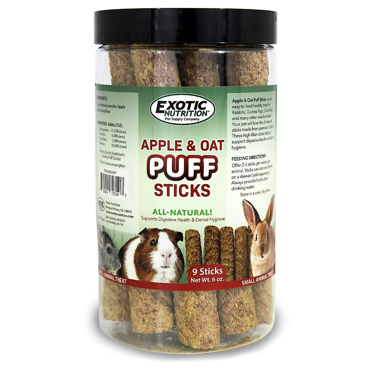 Apple & Oat Puff Sticks (6 oz.) - Healthy Natural High Fiber Chew Treat Made with Oat Hay - Rabbits, Guinea Pigs, Hamsters, Chinchillas, Degus, Prairie Dogs, Squirrels, Skunks, Opossums, Small Pets