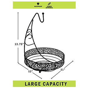 Totally Kitchen Fruit Basket with Banana Tree Hanger | Round Metal Fruit Storage Bowl | Matte Black