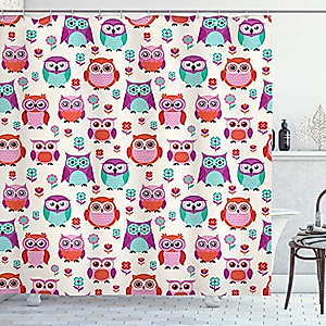 Ambesonne Owls Shower Curtain, Owls Happy Childhood Hipster Modern Repeated Animals Pattern Illustration, Cloth Fabric Bathroom Decor Set with Hooks, 69" W x 84" L, Orange Fuchsia Seafoam
