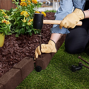 Rubberific 4' Rubber Cobblestone Flexible No Dig Landscape Mulch Border Edging with Anchoring Spikes for Lawns, Gardens, and Flower Beds - 4 Pack (Brown)