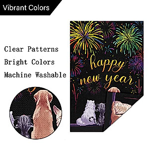 Happy New Year Garden Flag 12x18 Double Sided Vertical, Burlap Small Fireworks Cat Dog New Year Eve Yard Flag Sign Welcome Holiday Winter House Outdoor Outside Decorations (ONLY FLAG)
