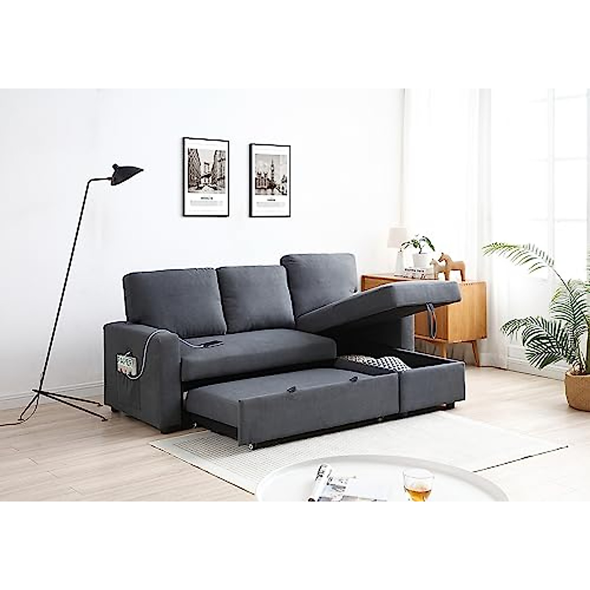 uhome Upholstered Sleeper Sofa with USB Ports sectional Couch Reversible Sofabed, Full XL, Black