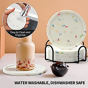 YOFRI Drink Coasters with Holder, Cute Non-Slip Silicone Coasters, Tabletop Protection Cup Coasters for Desktop, Office, Bar, Patio, Heat Insulated, Fits All Types of Drinking Glasses, Set of 6, White