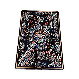 48" x 30" Inch Black Marble Dining Table Top Birds, Butterflies, Fruits and Flowers Marquetry Inlay Design Outdoor Decor, Indoor Decor Table