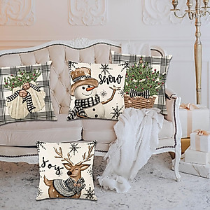 Mencly Christmas Pillow Covers 18 x 18 Inch Set of 4, Grey Buffalo Plaid Christmas Throw Pillow Covers Xmas Decorations Deer Tree Snowman Holiday Decorative Couch Cushion Cases Home Party Sofa Decor