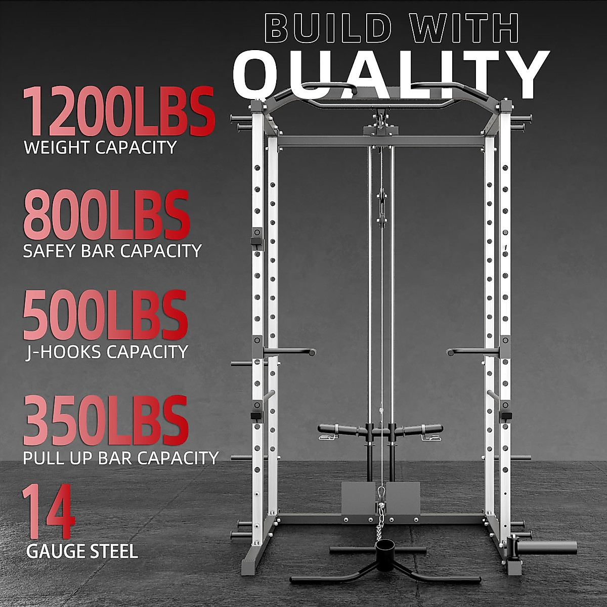 VANSWE Power Cage with LAT Pulldown Attachment, 1200-Pound Capacity Power Rack Full Home Gym Equipment with Multi-Grip Pull-up Bar, Landmine, T bar and Dip Handle