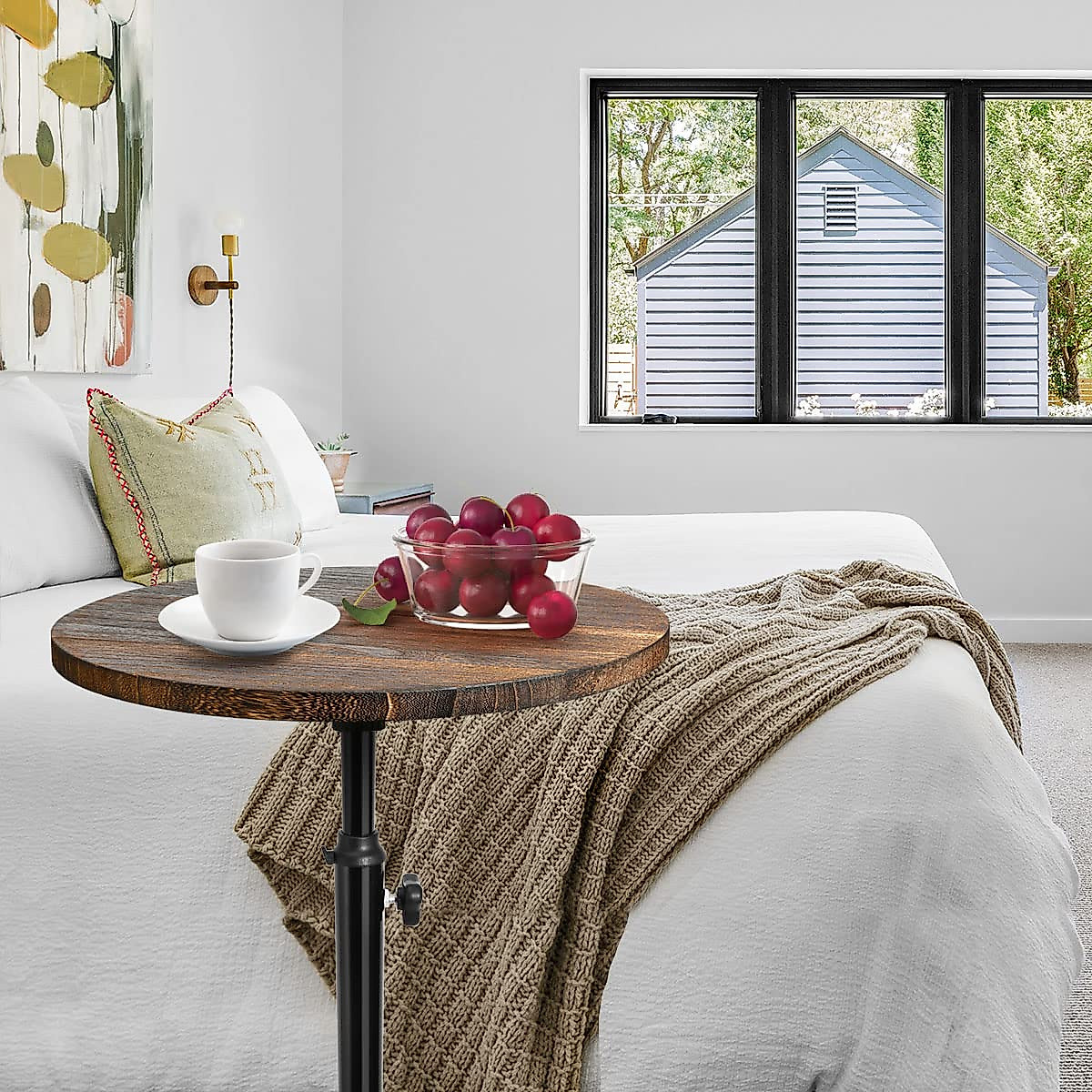 Shrivee Adjustable Height Round Side Table, Multifunctional Mobile Workstation, Portable Standing Desk with Brakes Wheels, Small Round Side Table Moved for Living Room, Bedroom, Home Office