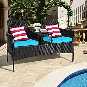 LDAILY Patio Conversation Set, Modern Rattan Loveseat, Outdoor Furniture Set with Removable Cushions & Table, Patio Wicker Sofa Set, Tempered Glass Top, Ideal for Garden Lawn Backyard