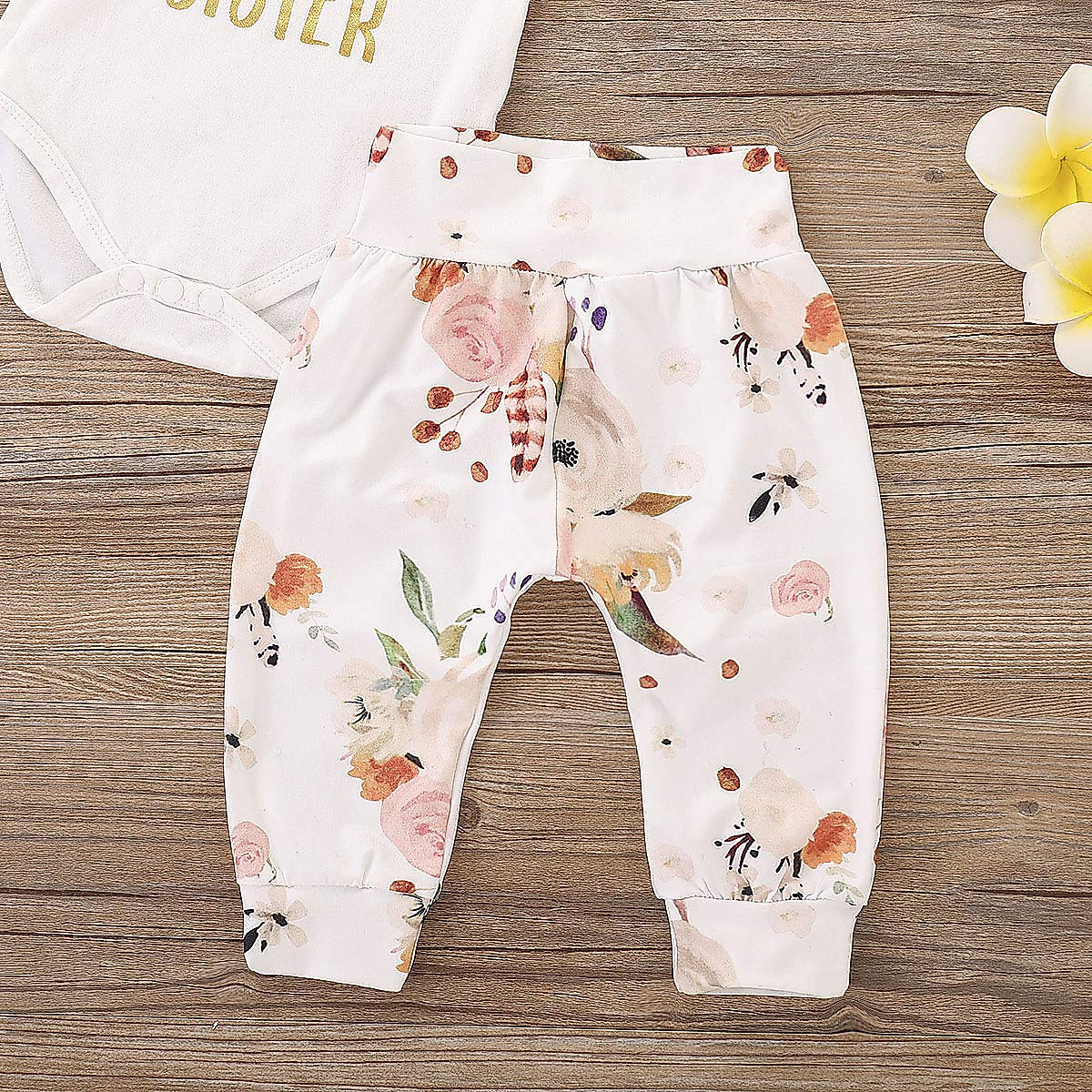 4Pcs Infant Girl Outfits Baby Sister Bodysuit Tops Floral Leggings Pants Set Bowknot Headbands Newborn Clothes (Little Sister,0-3 Months)