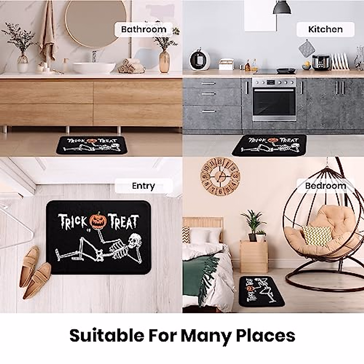 Carrward Halloween Trick or Treat Skull Bath Mat Non-Slip Rugs Flannel Bathroom Mats Water Absorbent Bathtub Rug Quick Dry Soft Shower Rug for Floor Kitchen Bedroom Decor 20x31 inch