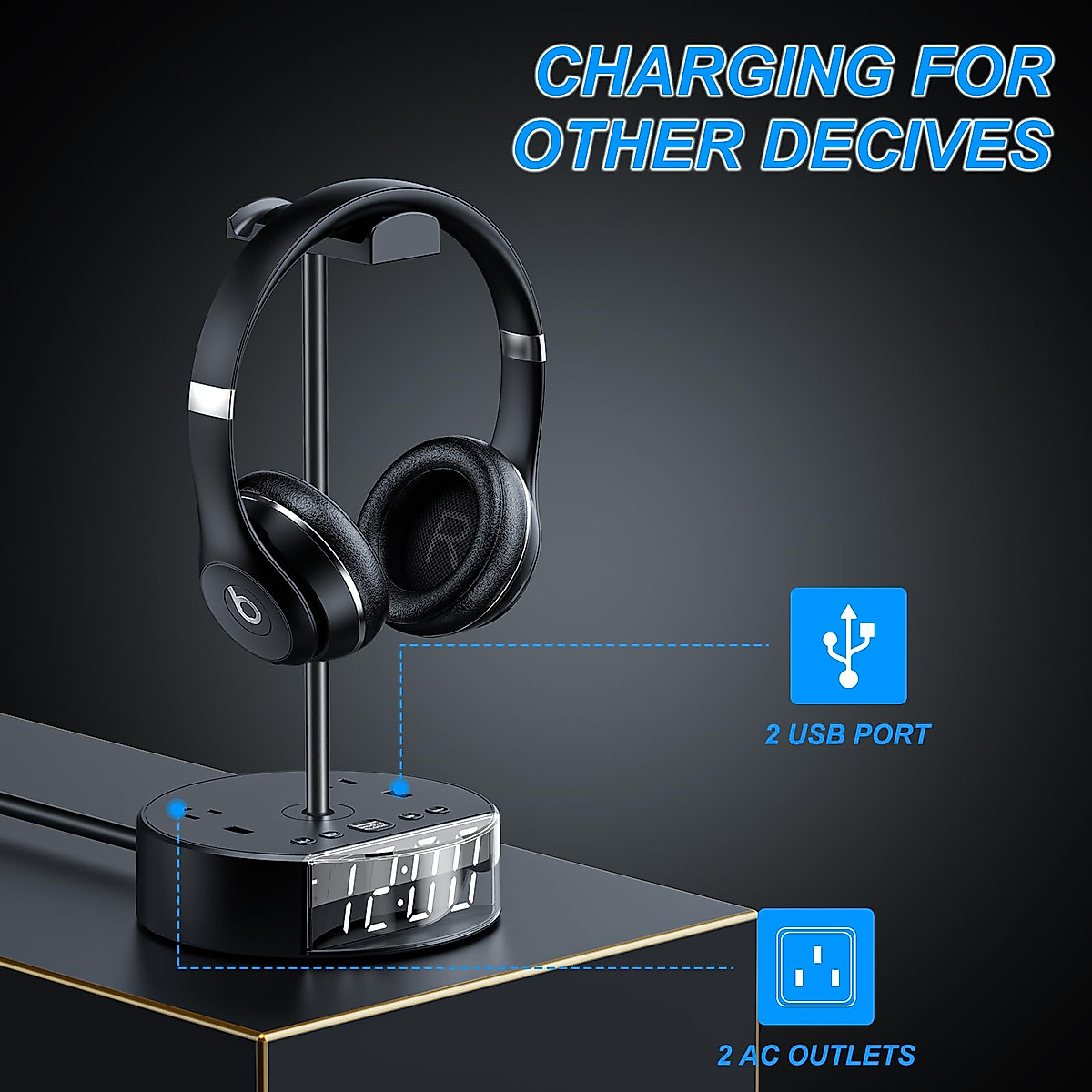 ZEAGUS Headphone Stand with Alarm Clock, Gaming Headphone Stand for Desk,Headphone Holder with 2 USB Charging Ports and 2 Power Outlets,Headset Stand Suitable for All Earphone Accessories
