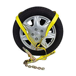 Mytee Products 4 Pack 2" x12' Car Tie Down Straps for Trailer with Chain Extension - 3333 Lbs WLL Lasso Style Tire Straps for Car Trailer with Ratchets - Vehicle Tie Down Wheel Strap for Hauling Cars