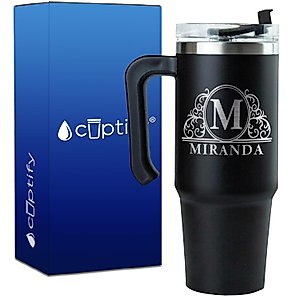 Personalized 30 oz Travel Mug - Elaborate Circle Monogram - Black Custom Engraved Cup with Handle Vacuum Insulated Tumbler Birthday Gift for Women, Men, Beer and Drinks