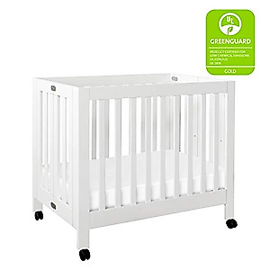 Babyletto Origami Mini Portable Crib Folding with Wheels in White, 2 Adjustable Mattress Positions, Greenguard Gold Certified