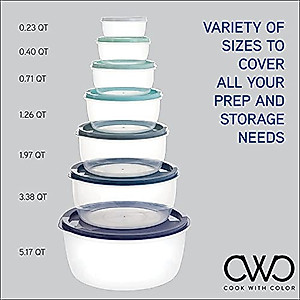 COOK WITH COLOR Round Food Storage Containers with Lids, Easy-Find Nesting Plastic Containers, 14 Piece Set (Blue Ombre)